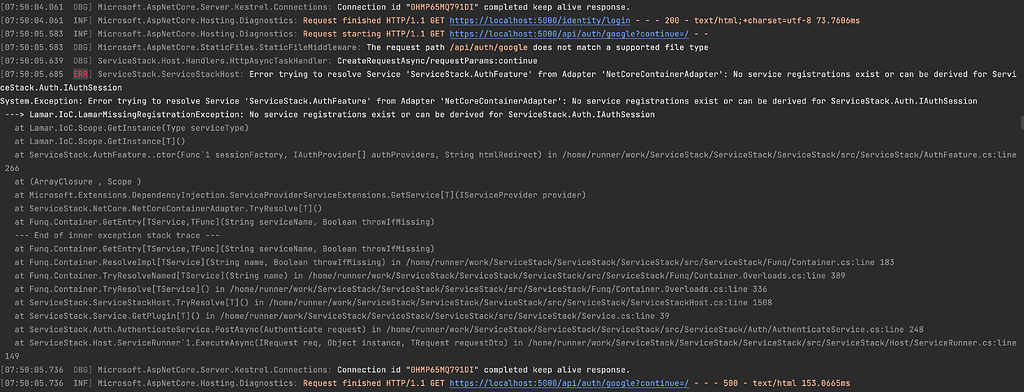 Error trying to resolve Service 'ServiceStack.AuthFeature' from Adapter 'NetCoreContainerAdapter ...